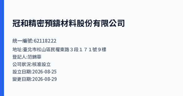冠和精密預鑄材料股份有限公司的照片-統編 62118222(臺北市) 公司登記資料與營業項目詳細圖表