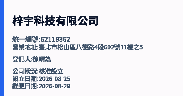 梓宇科技有限公司的照片-統編 62118362(臺北市) 公司登記資料與營業項目詳細圖表