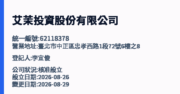 艾茉投資股份有限公司的照片-統編 62118378(臺北市) 公司登記資料與營業項目詳細圖表