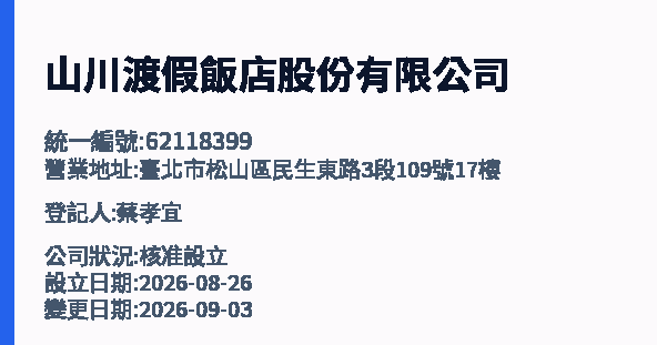 山川渡假飯店股份有限公司的照片-統編 62118399(臺北市) 公司登記資料與營業項目詳細圖表