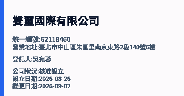 雙璽國際有限公司的照片-統編 62118460(臺北市) 公司登記資料與營業項目詳細圖表