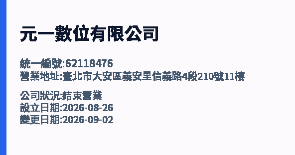 元一數位有限公司的照片-統編 62118476(臺北市) 公司登記資料與營業項目詳細圖表