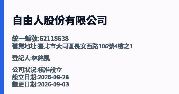 自由人股份有限公司的照片-統編 62118638(臺北市) 公司登記資料與營業項目詳細圖表