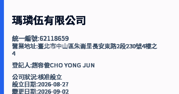 瑪璘伍有限公司的照片-統編 62118659(臺北市) 公司登記資料與營業項目詳細圖表
