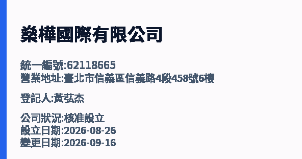 燊樺國際有限公司的照片-統編 62118665(臺北市) 公司登記資料與營業項目詳細圖表