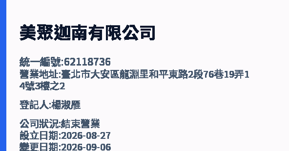 美聚迦南有限公司的照片-統編 62118736(臺北市) 公司登記資料與營業項目詳細圖表