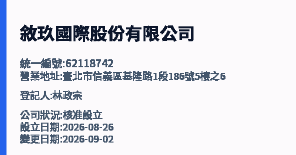 敘玖國際股份有限公司的照片-統編 62118742(臺北市) 公司登記資料與營業項目詳細圖表