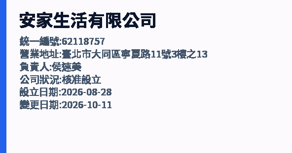 安家生活有限公司的照片-統編 62118757(臺北市) 公司登記資料與營業項目詳細圖表