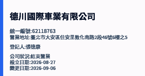 德川國際車業有限公司的照片-統編 62118763(臺北市) 公司登記資料與營業項目詳細圖表