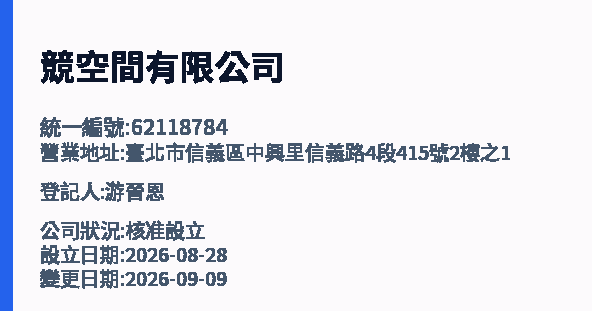 競空間有限公司的照片-統編 62118784(臺北市) 公司登記資料與營業項目詳細圖表