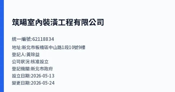 筑暘室內裝潢工程有限公司的照片-統編 62118834(新北市) 公司登記資料與營業項目詳細圖表