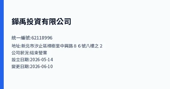 鏵禹投資有限公司的照片-統編 62118996(新北市) 公司登記資料與營業項目詳細圖表
