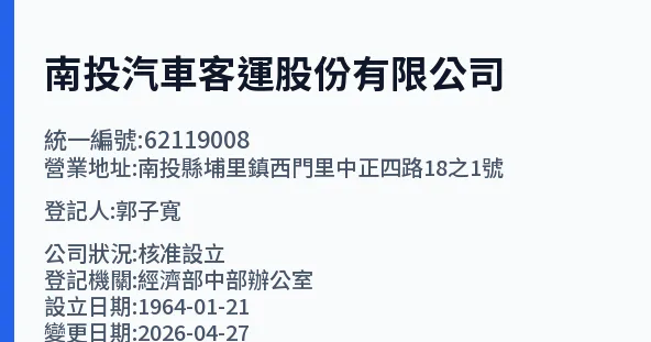 南投汽車客運股份有限公司的照片-統編 62119008(南投縣) 公司登記資料與營業項目詳細圖表