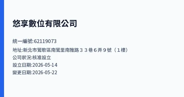 悠享數位有限公司的照片-統編 62119073(新北市) 公司登記資料與營業項目詳細圖表