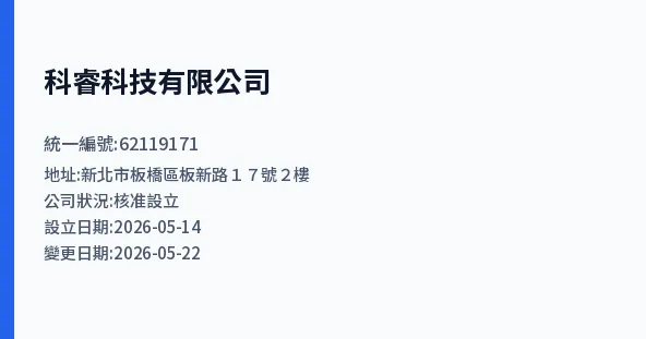 科睿科技有限公司的照片-統編 62119171(新北市) 公司登記資料與營業項目詳細圖表