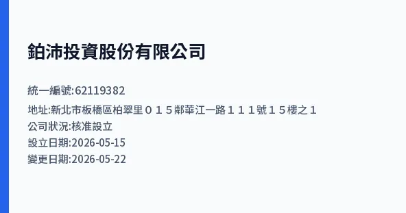 鉑沛投資股份有限公司的照片-統編 62119382(新北市) 公司登記資料與營業項目詳細圖表