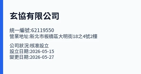 玄協有限公司的照片-統編 62119550(新北市) 公司登記資料與營業項目詳細圖表