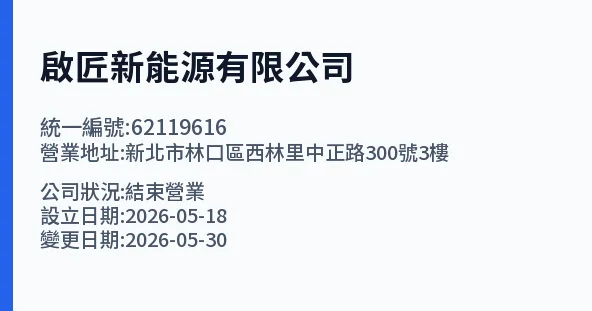 啟匠新能源有限公司的照片-統編 62119616(新北市) 公司登記資料與營業項目詳細圖表