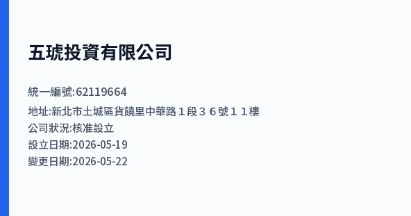 五琥投資有限公司的照片-統編 62119664(新北市) 公司登記資料與營業項目詳細圖表