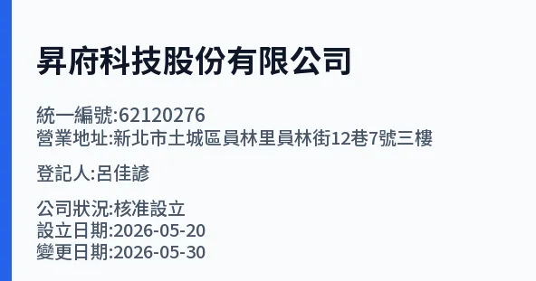 昇府科技股份有限公司的照片-統編 62120276(新北市) 公司登記資料與營業項目詳細圖表