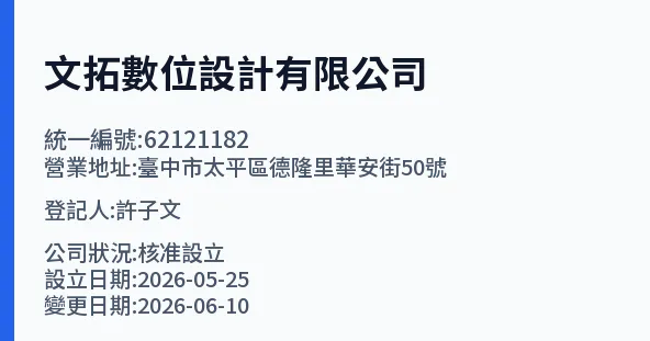 文拓數位設計有限公司的照片-統編 62121182(臺中市) 公司登記資料與營業項目詳細圖表
