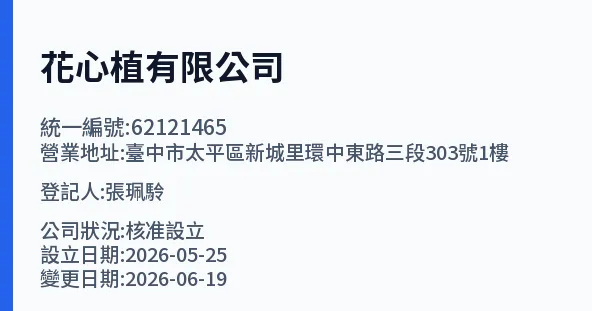 花心植有限公司的照片-統編 62121465(臺中市) 公司登記資料與營業項目詳細圖表