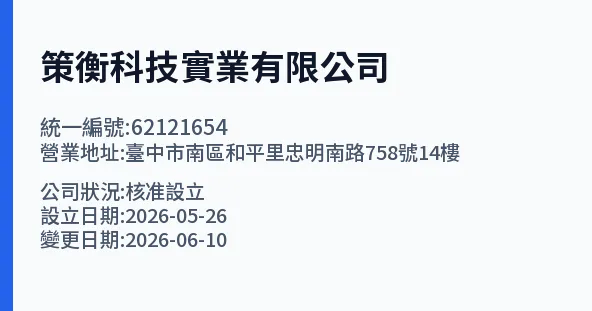 策衡科技實業有限公司的照片-統編 62121654(臺中市) 公司登記資料與營業項目詳細圖表