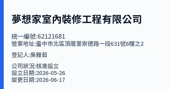 夢想家室內裝修工程有限公司的照片-統編 62121681(臺中市) 公司登記資料與營業項目詳細圖表