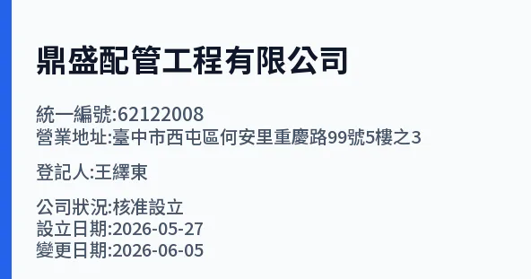 鼎盛配管工程有限公司的照片-統編 62122008(臺中市) 公司登記資料與營業項目詳細圖表