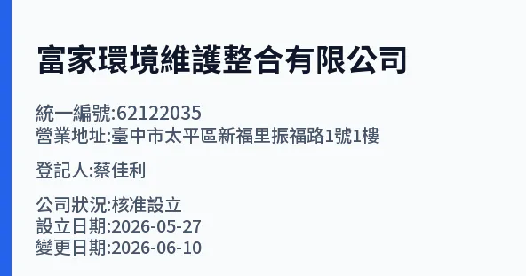 富家環境維護整合有限公司的照片-統編 62122035(臺中市) 公司登記資料與營業項目詳細圖表