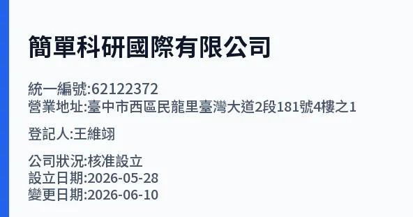 簡單科研國際有限公司的照片-統編 62122372(臺中市) 公司登記資料與營業項目詳細圖表