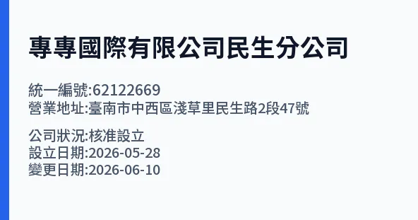 專專國際有限公司民生分公司的照片-統編 62122669(臺南市) 公司登記資料與營業項目詳細圖表