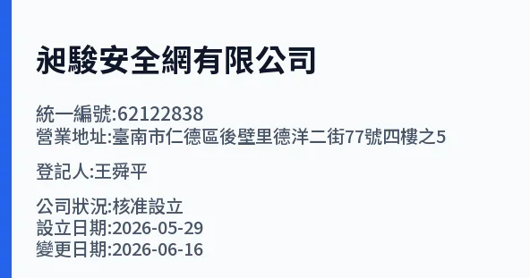 昶駿安全網有限公司的照片-統編 62122838(臺南市) 公司登記資料與營業項目詳細圖表