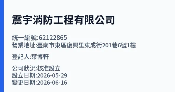 震宇消防工程有限公司的照片-統編 62122865(臺南市) 公司登記資料與營業項目詳細圖表