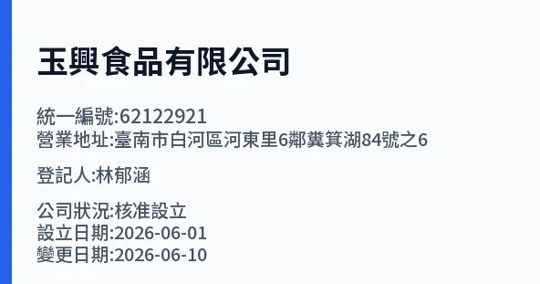 玉興食品有限公司的照片-統編 62122921(臺南市) 公司登記資料與營業項目詳細圖表