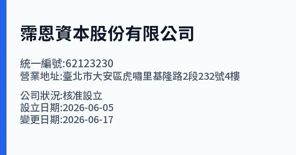 霈恩資本股份有限公司的照片-統編 62123230(臺北市) 公司登記資料與營業項目詳細圖表