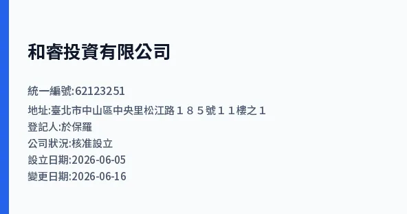 和睿投資有限公司的照片-統編 62123251(臺北市) 公司登記資料與營業項目詳細圖表