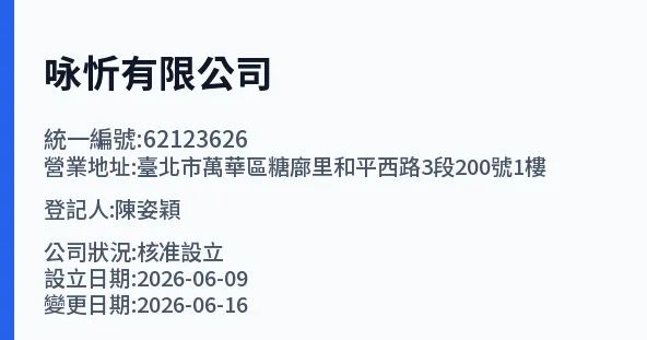 咏忻有限公司的照片-統編 62123626(臺北市) 公司登記資料與營業項目詳細圖表