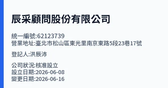 辰采顧問股份有限公司的照片-統編 62123739(臺北市) 公司登記資料與營業項目詳細圖表