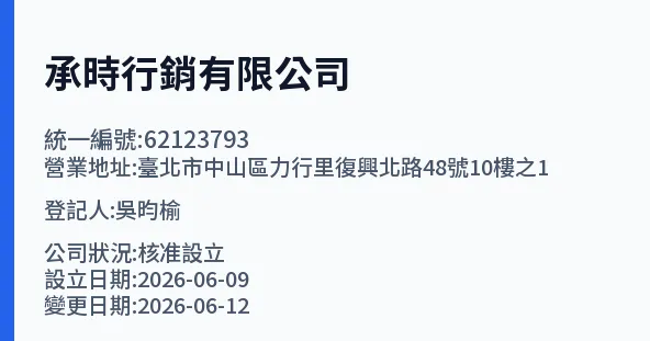 承時行銷有限公司的照片-統編 62123793(臺北市) 公司登記資料與營業項目詳細圖表