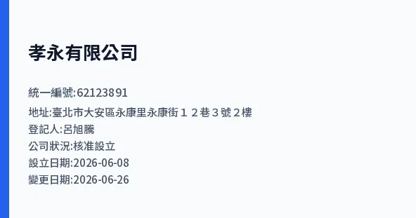 孝永有限公司的照片-統編 62123891(臺北市) 公司登記資料與營業項目詳細圖表