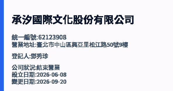 承汐國際文化股份有限公司的照片-統編 62123908 公司登記資料與營業項目詳細圖表