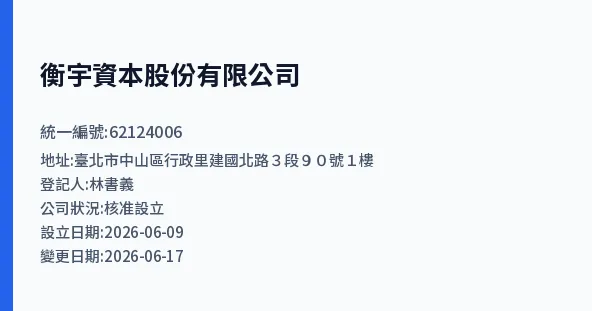 衡宇資本股份有限公司的照片-統編 62124006(臺北市) 公司登記資料與營業項目詳細圖表