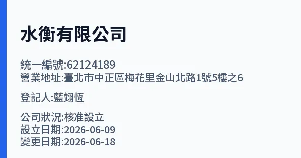 水衡有限公司的照片-統編 62124189(臺北市) 公司登記資料與營業項目詳細圖表