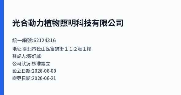 光合動力植物照明科技有限公司的照片-統編 62124316(臺北市) 公司登記資料與營業項目詳細圖表