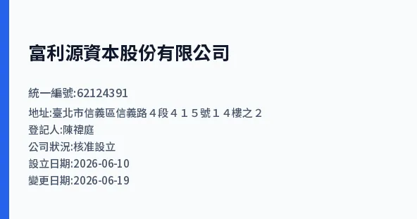 富利源資本股份有限公司的照片-統編 62124391(臺北市) 公司登記資料與營業項目詳細圖表
