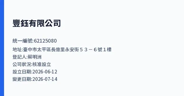 豐鈺有限公司的照片-統編 62125080 公司登記資料與營業項目詳細圖表