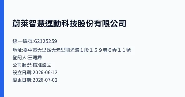 蔚萊智慧運動科技股份有限公司的照片-統編 62125259(臺中市) 公司登記資料與營業項目詳細圖表