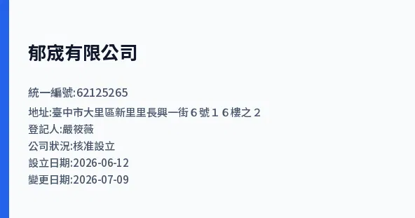 郁宬有限公司的照片-統編 62125265(臺中市) 公司登記資料與營業項目詳細圖表