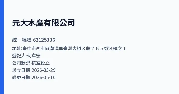 元大水產有限公司的照片-統編 62125336(臺中市) 公司登記資料與營業項目詳細圖表